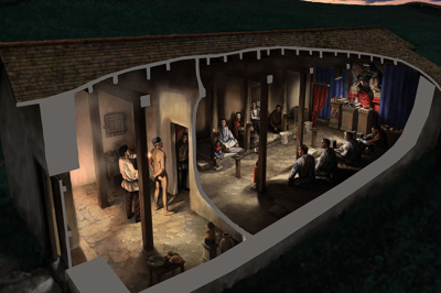 A cutaway reconstruction drawing of the temple of Mithras at ...